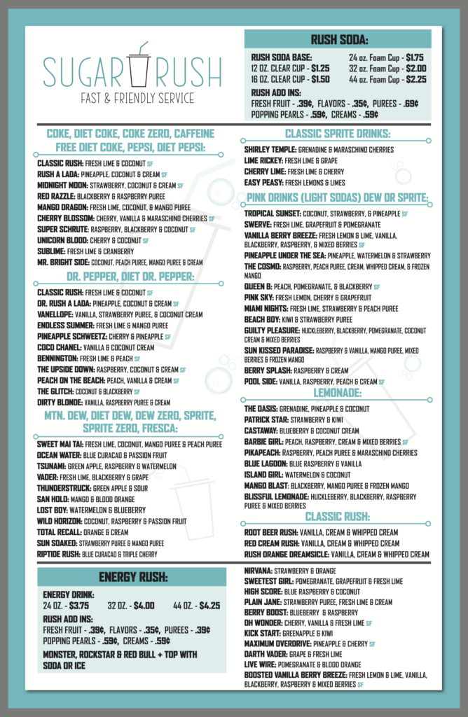 Menu Sugar Rush Soda Shop Fast Friendly Service